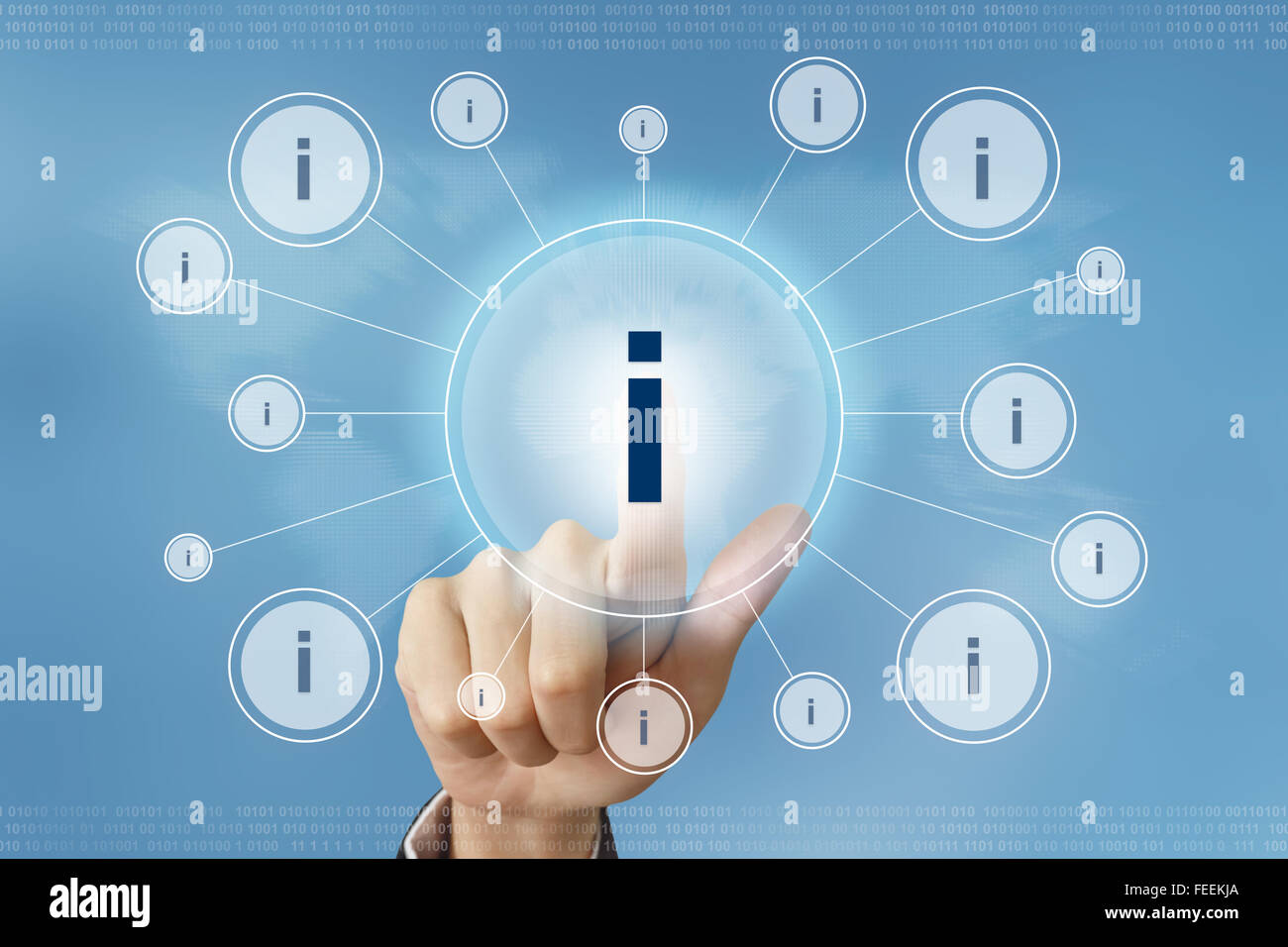 business hand pushing information button with global networking concept ...