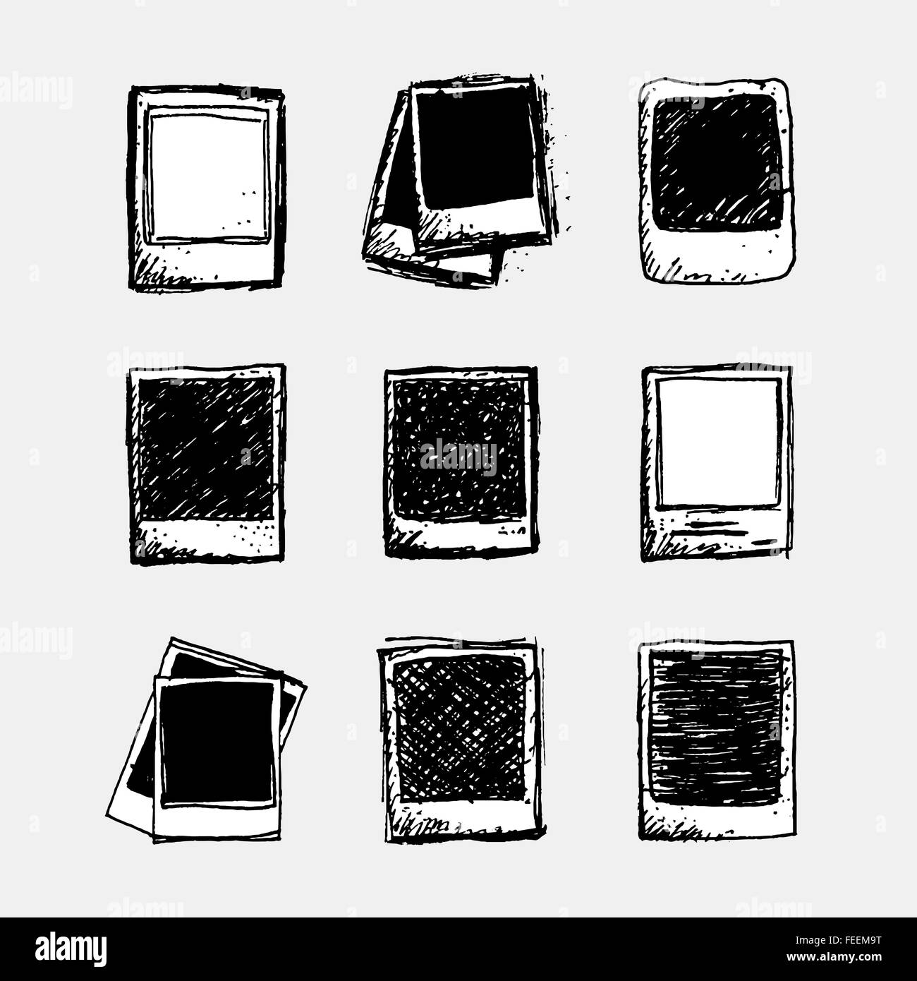 Set of 9 hand drawn sketchy polaroid doodles in black and white ...