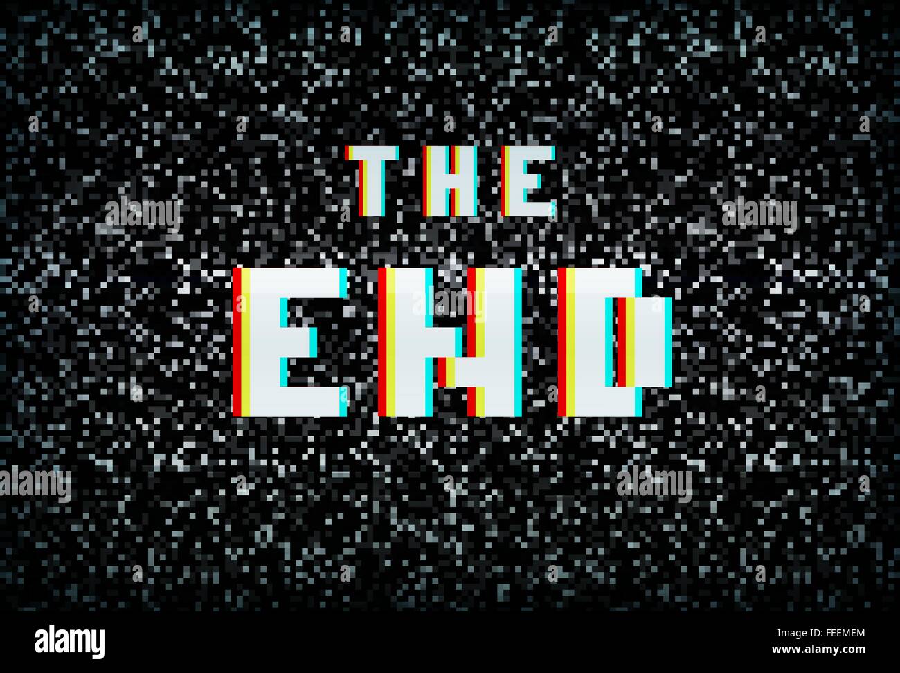 3D stereo effect The End text on noisy black and white TV screen Stock ...