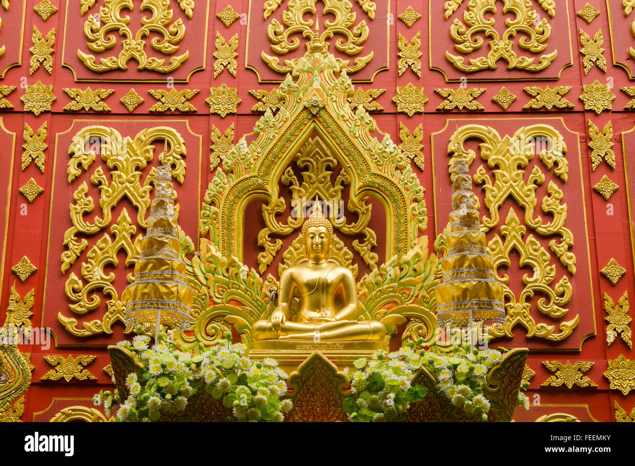 Big buddha statue on red background in wat Lahan Rai, Rayong, Thailand ...