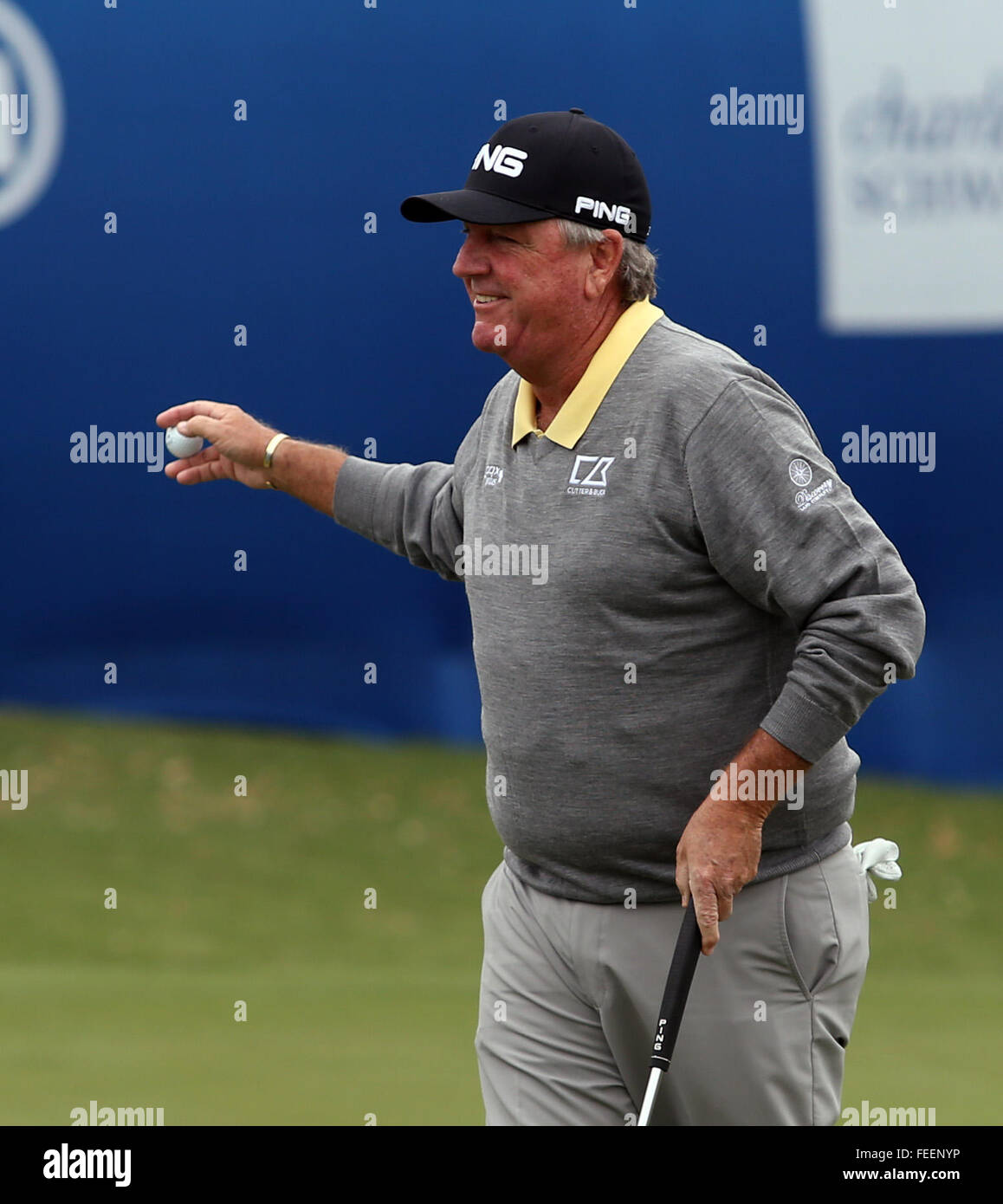 Florida, USA. 5th Feb, 2016. Mark Calcavecchia waves at fans after ...