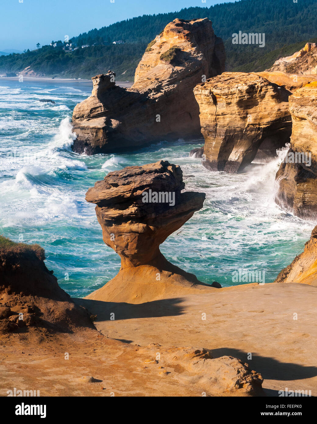 A large balancing rock overlooks the well-churned waters of the pacific ...