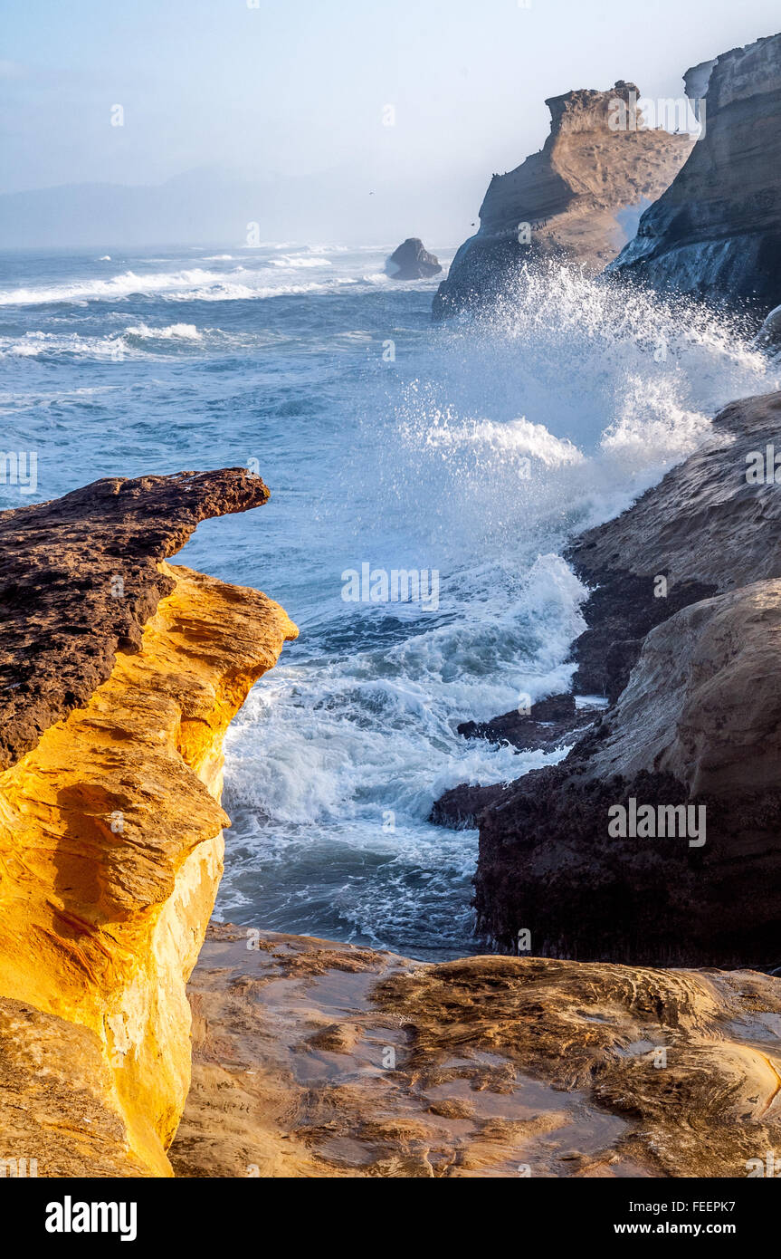 Morning sun casts golden light on sandstone cliffs as waves crash in ...