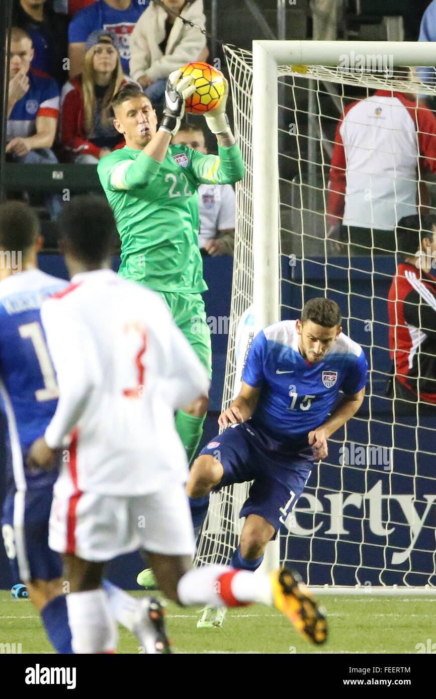 Carson, CA. 5th Feb, 2015. USA goalie David Bingham #22 makes s ave int ...