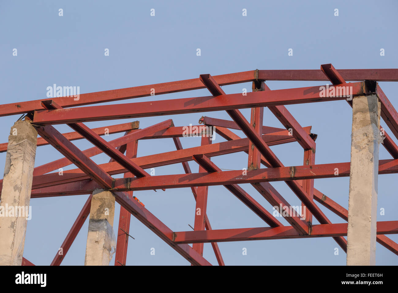 structural steel beam on roof of building residential construction with ...