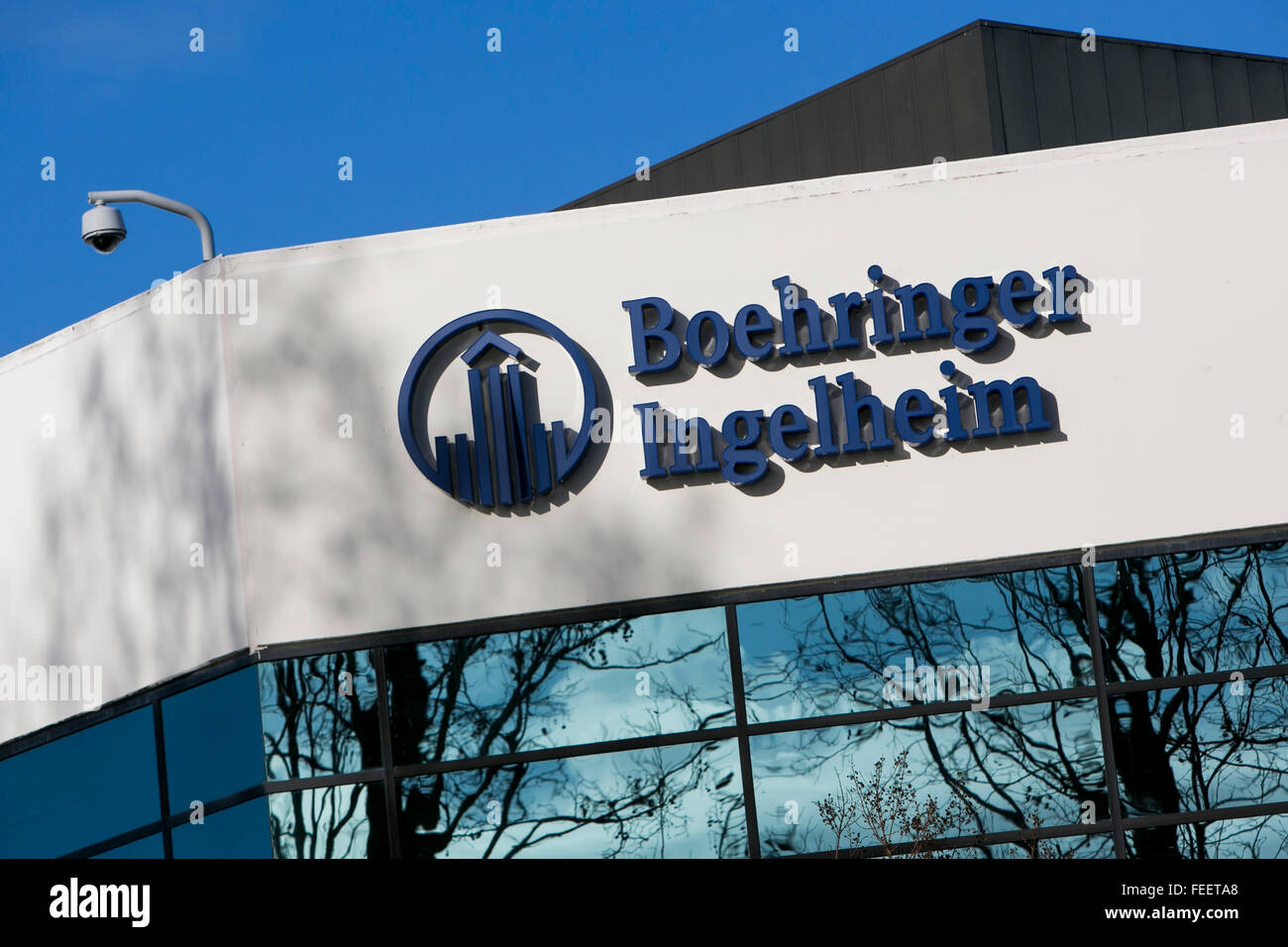 A logo sign outside of a facility occupied by the Boehringer Ingelheim ...