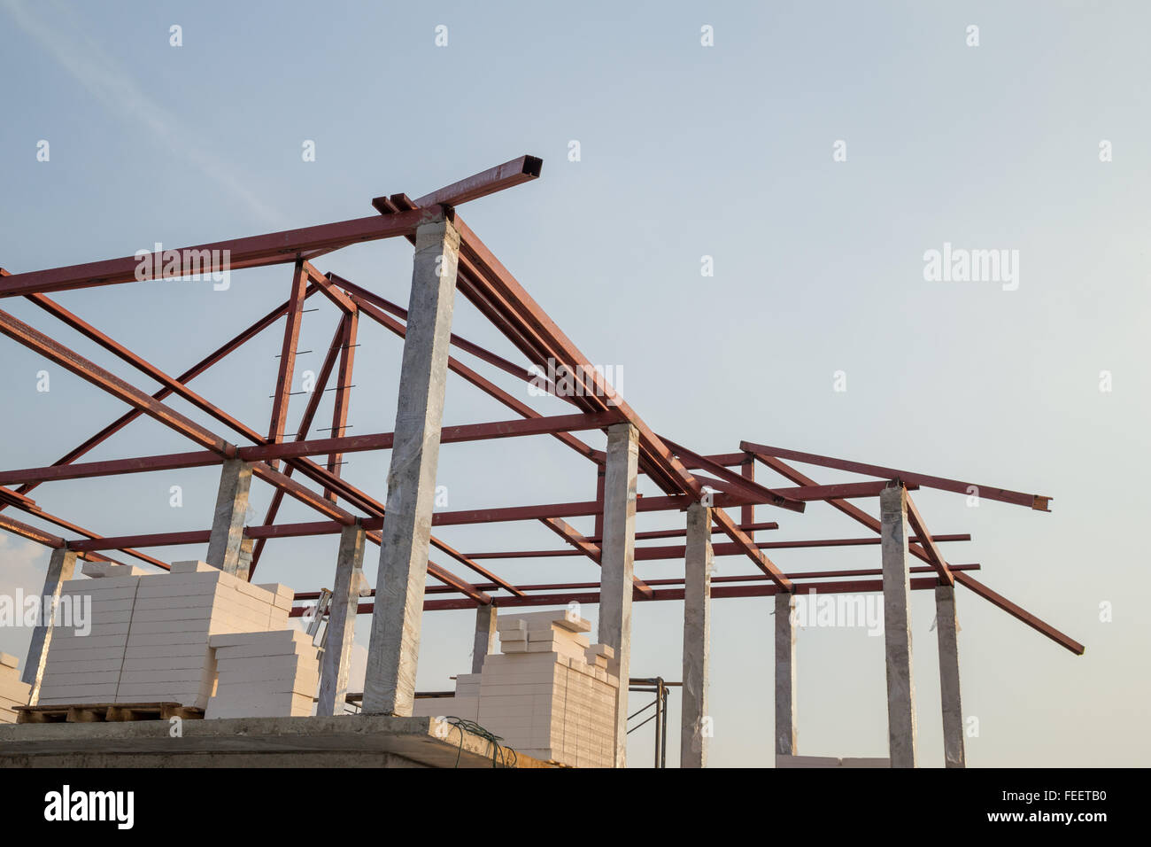 structural steel beam on roof of building residential construction with ...