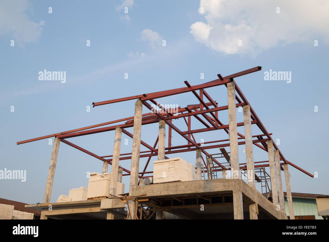 structural steel beam on roof of building residential construction with ...