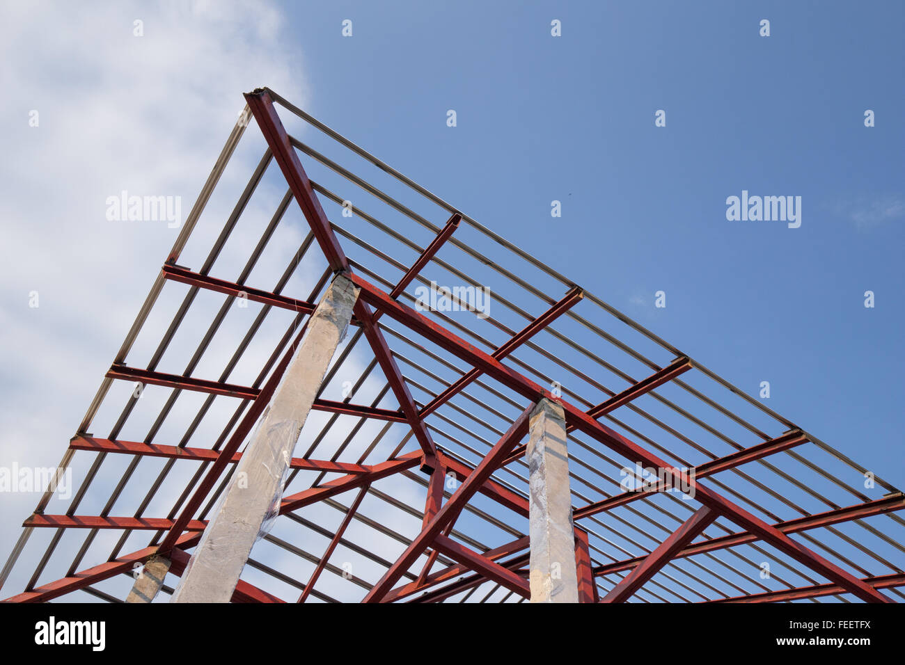 structural steel beam on roof of building residential construction with ...