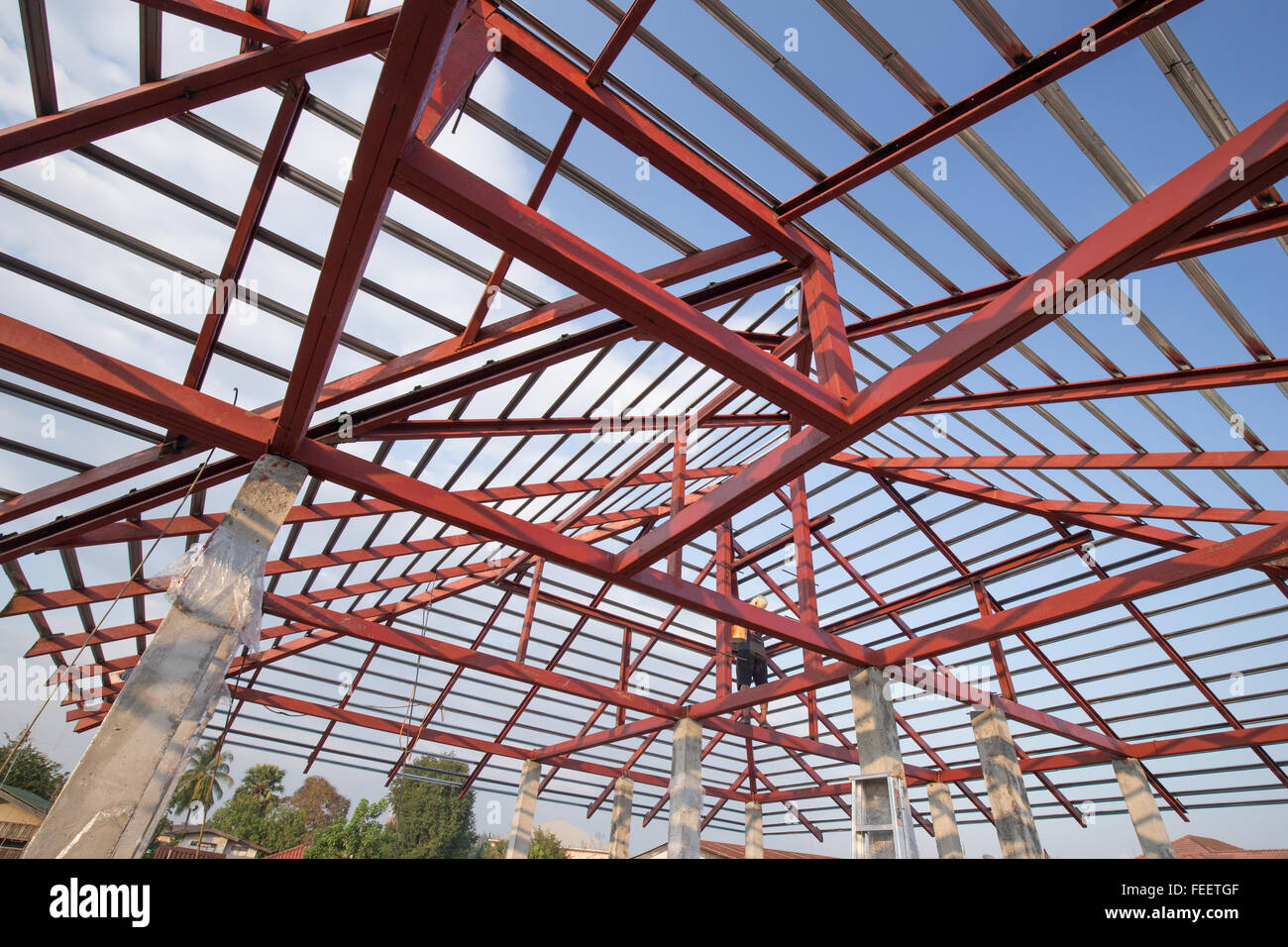 structural steel beam on roof of building residential construction with ...