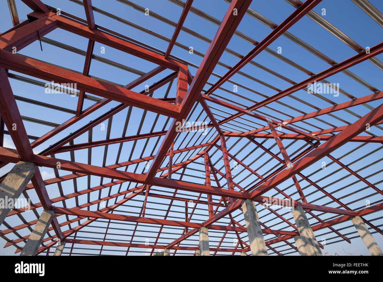 structural steel beam on roof of building residential construction with ...