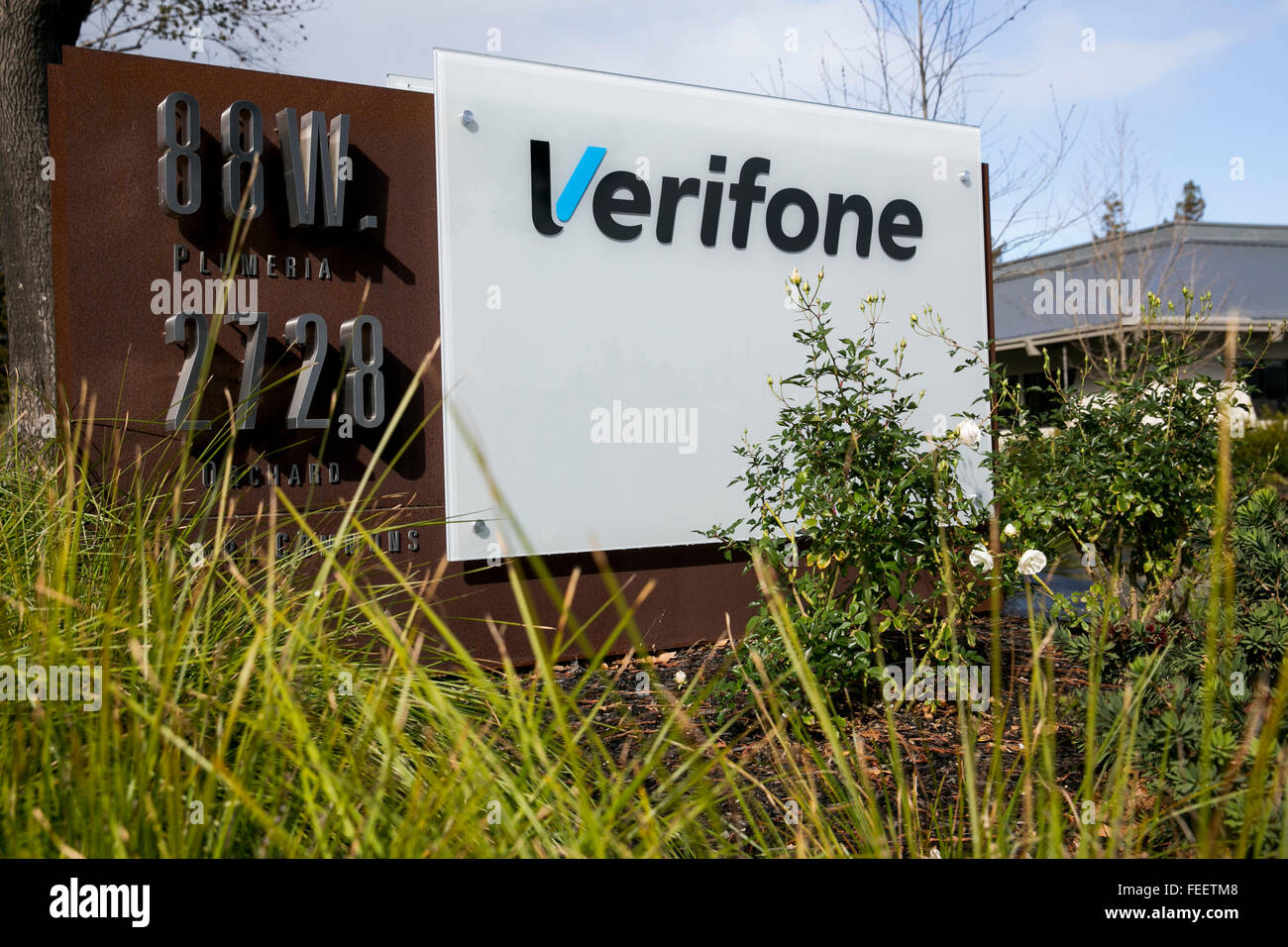 A logo sign outside of the headquarters of Verifone in San Jose ...