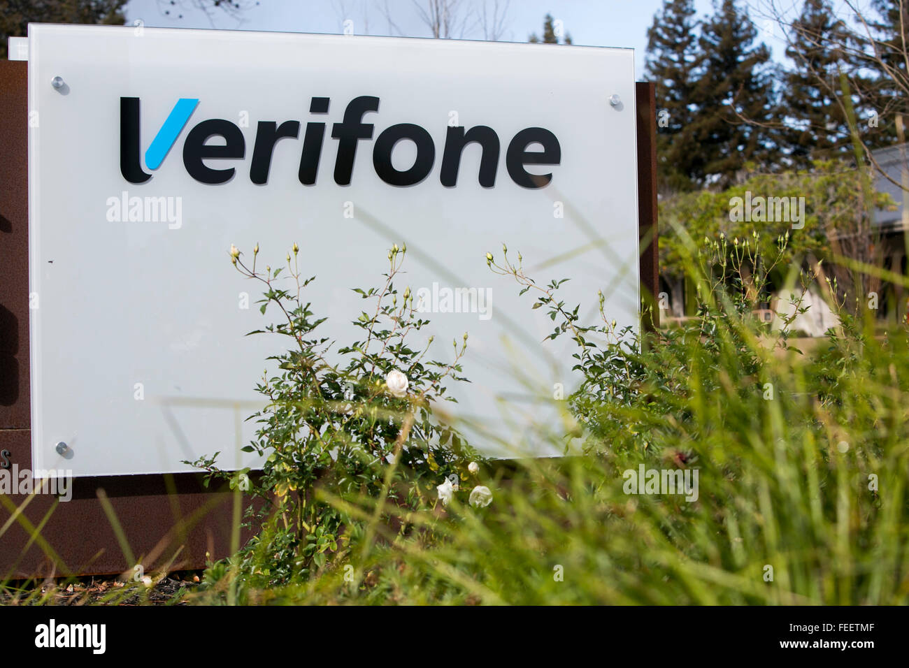 A logo sign outside of the headquarters of Verifone in San Jose ...