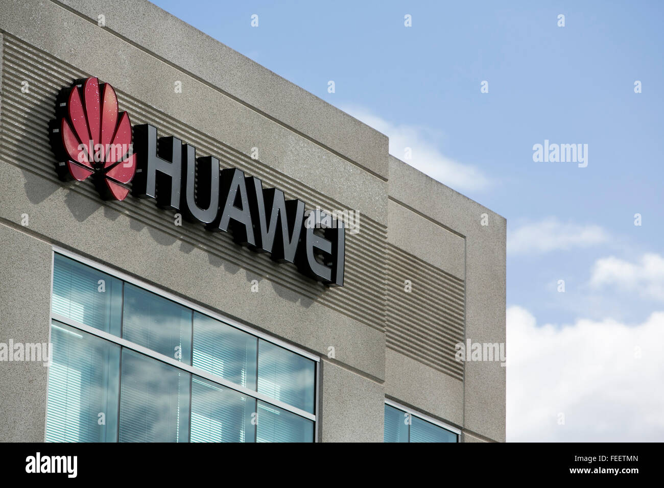 A logo sign outside of a facility occupied by Huawei in Santa Clara ...