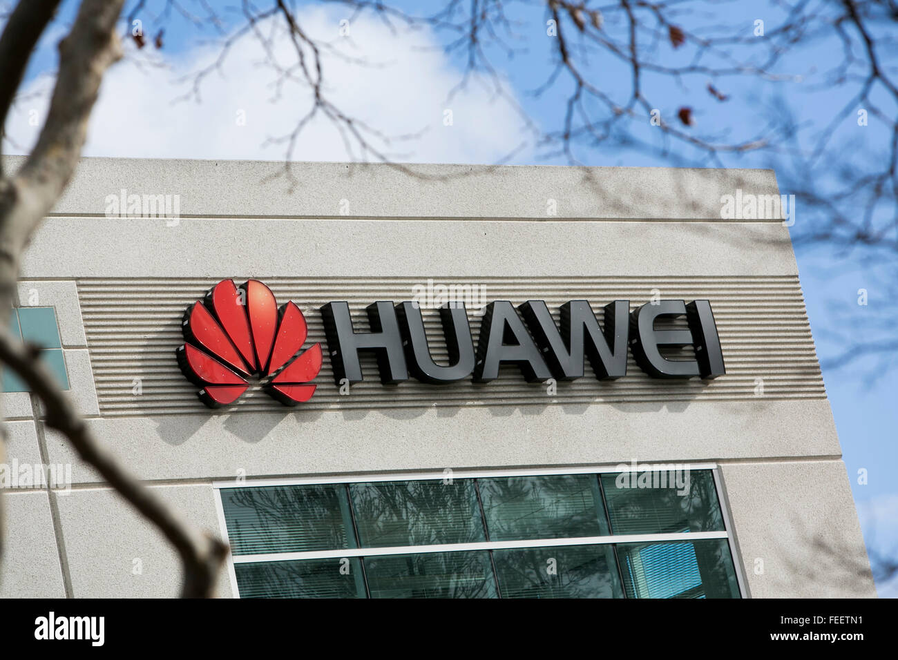 A logo sign outside of a facility occupied by Huawei in Santa Clara ...