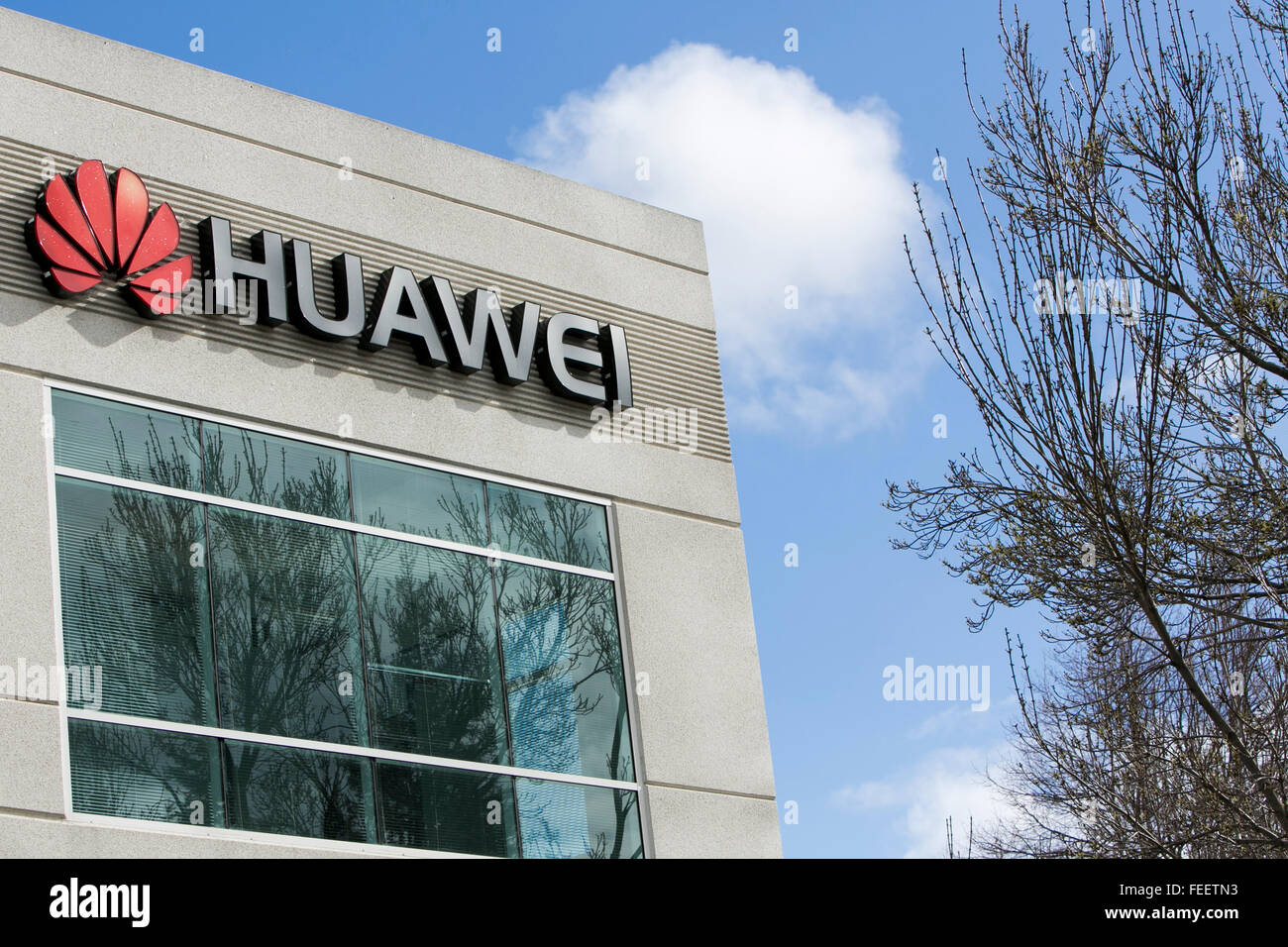 A logo sign outside of a facility occupied by Huawei in Santa Clara ...