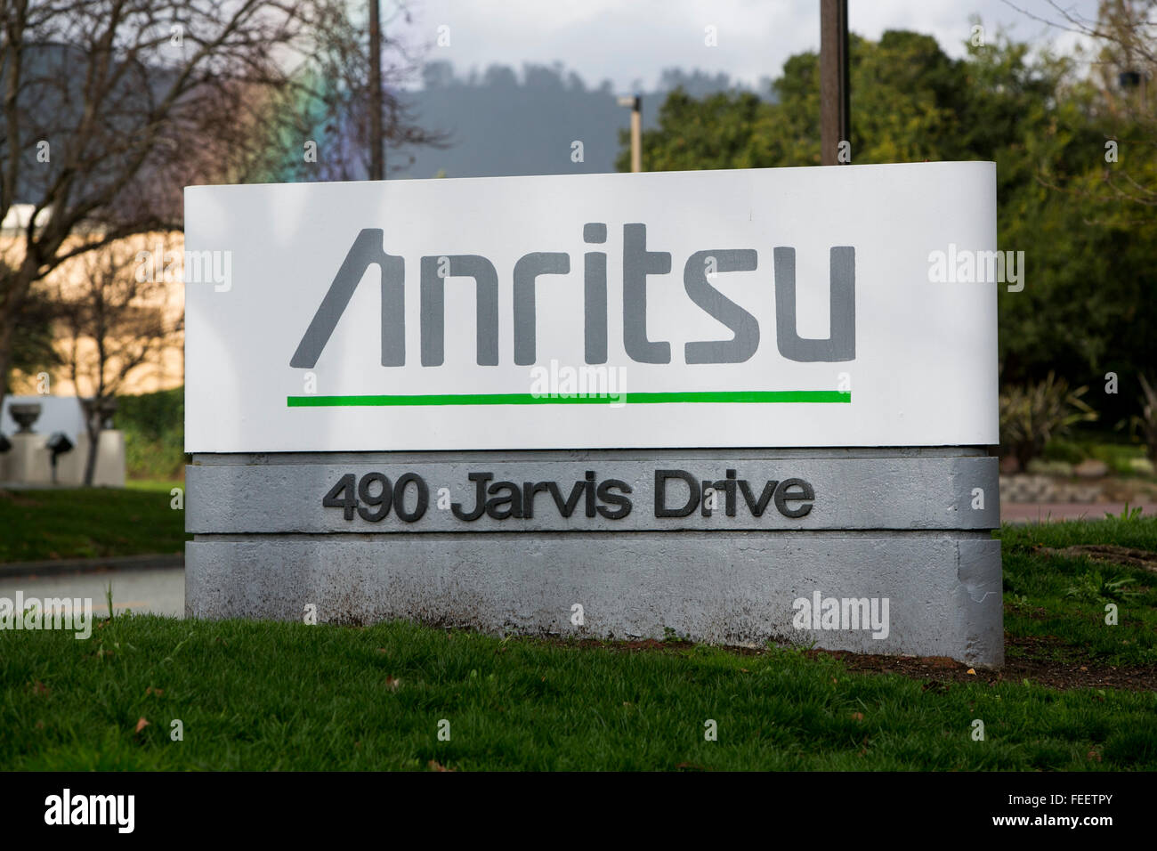 A logo sign outside of a facility occupied by Anritsu in Morgan Hill ...