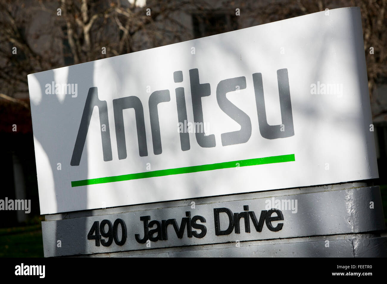 A logo sign outside of a facility occupied by Anritsu in Morgan Hill ...