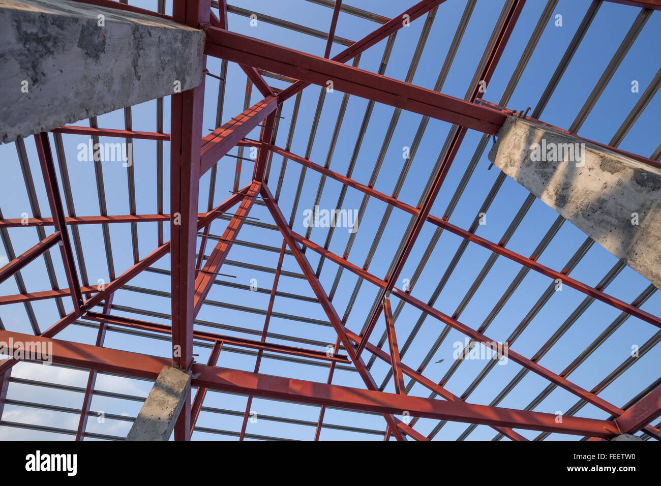 structural steel beam on roof of building residential construction with ...