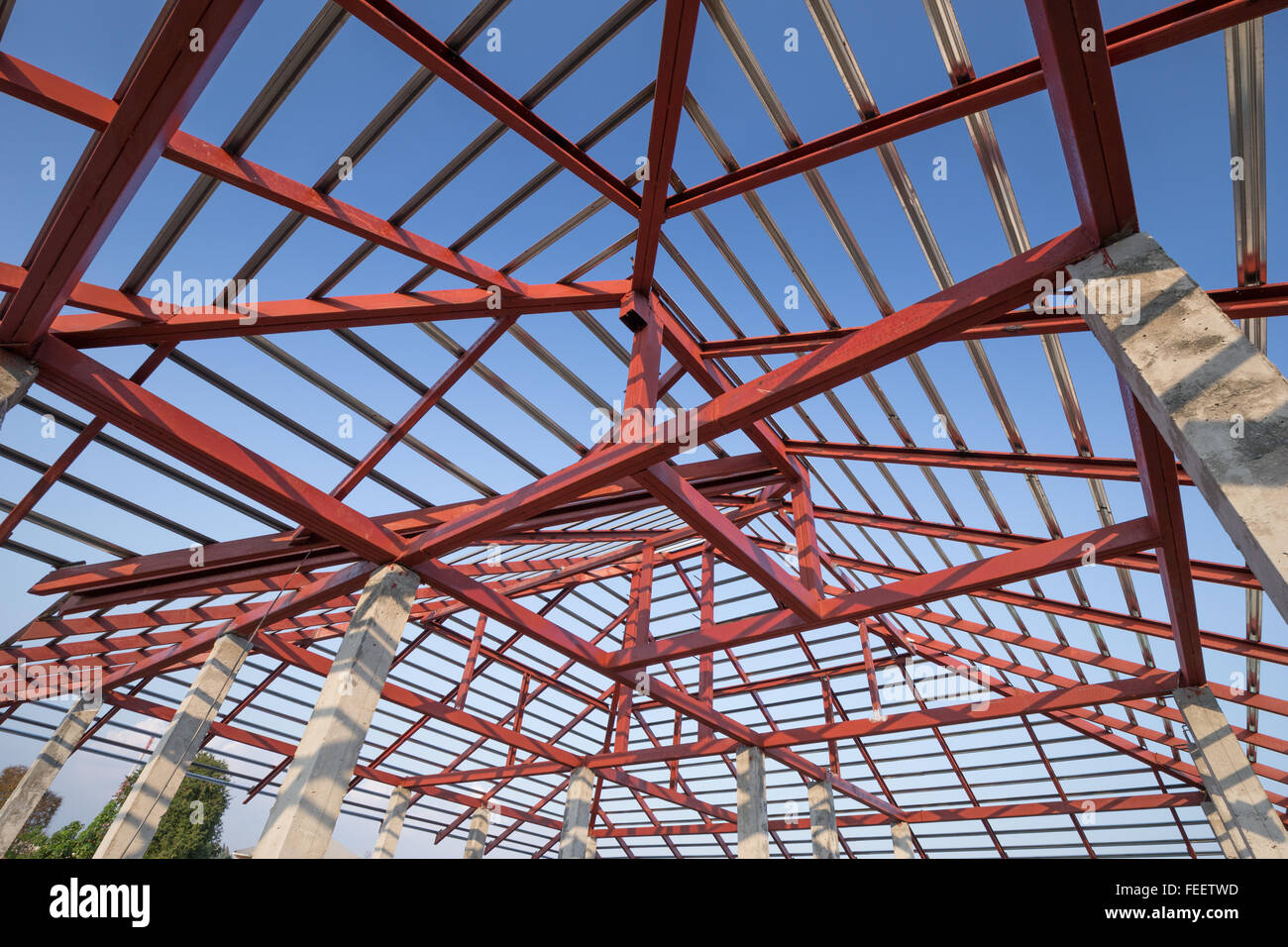 structural steel beam on roof of building residential construction with ...