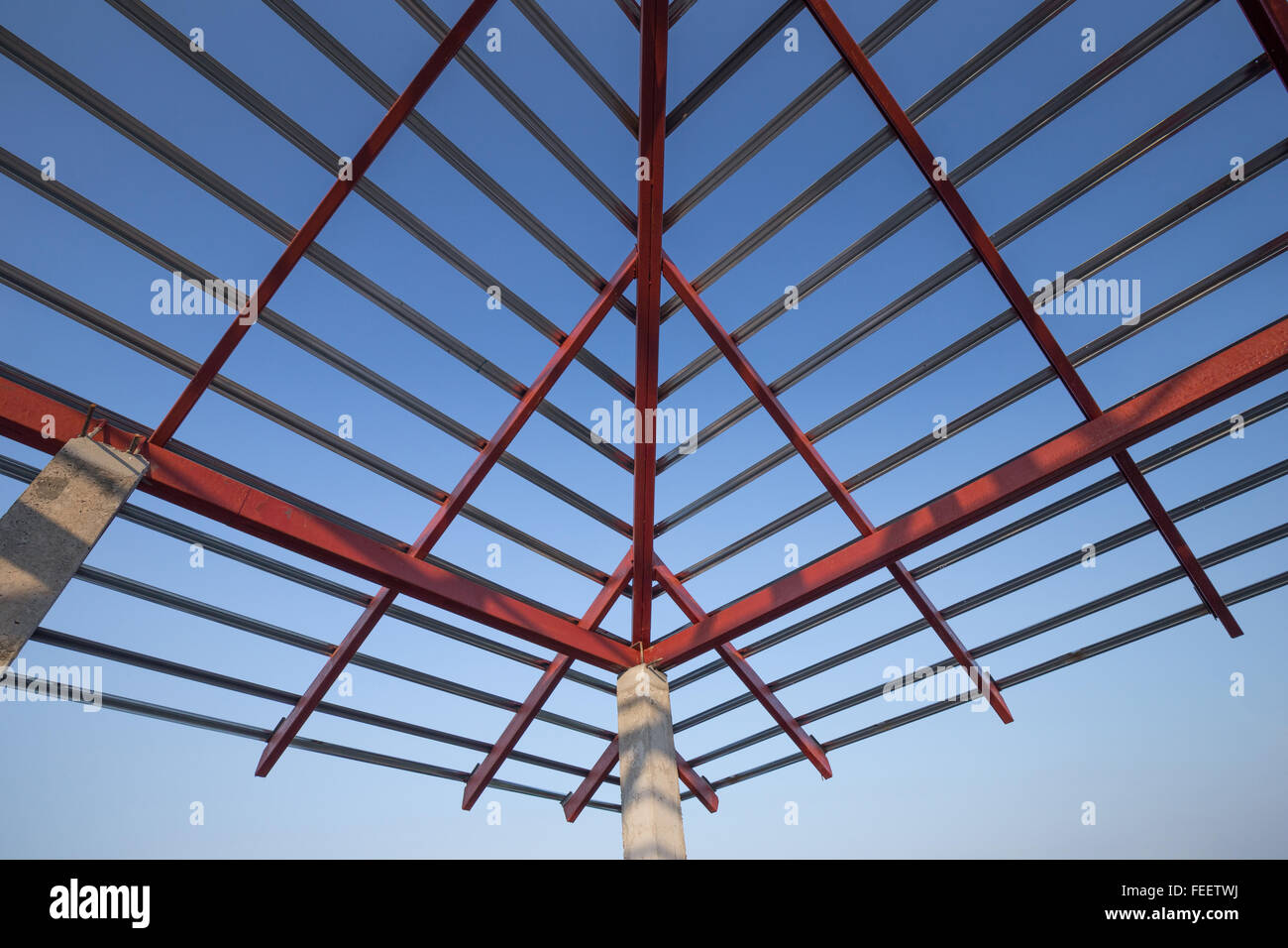 structural steel beam on roof of building residential construction with ...