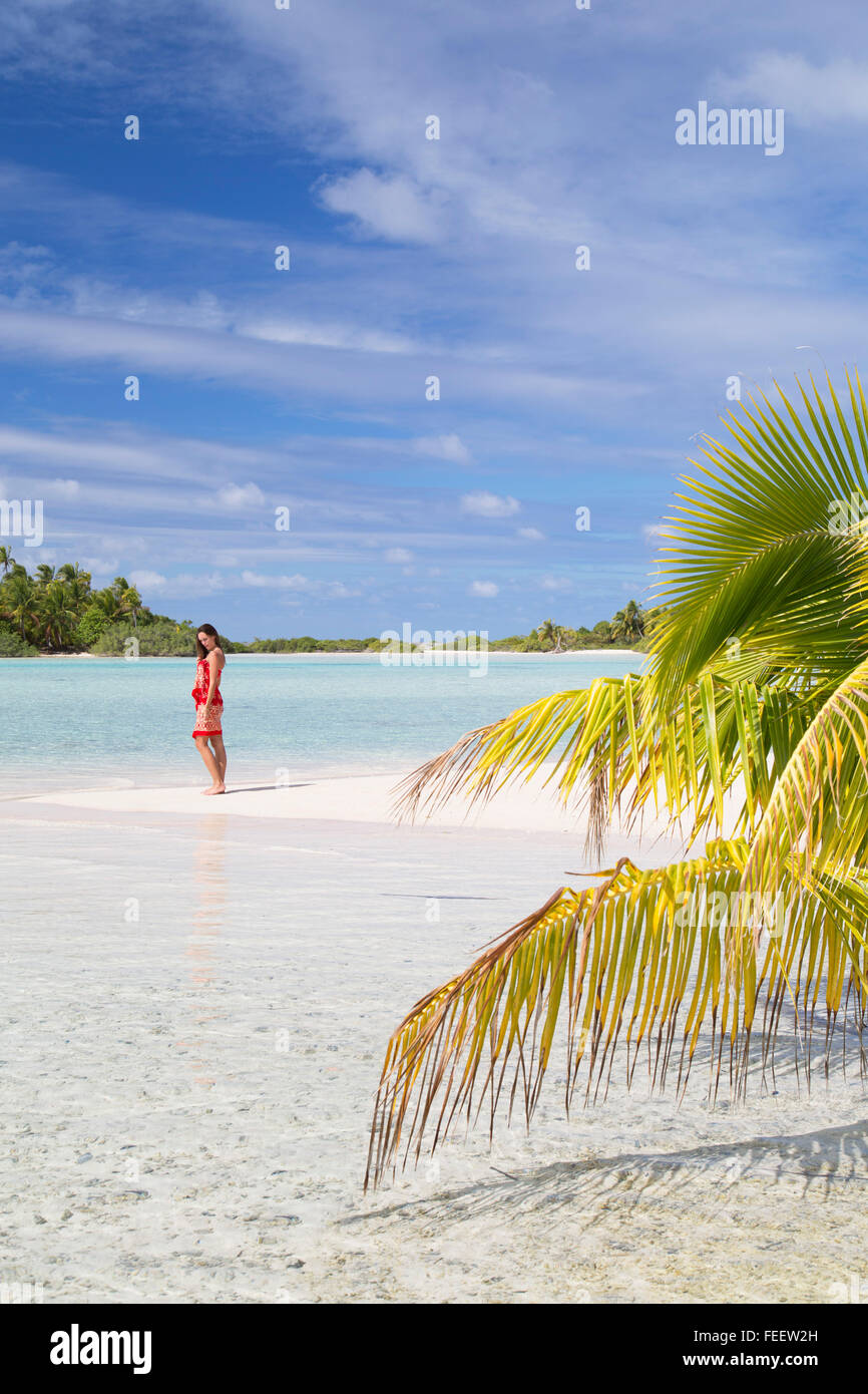 Woman on beach at Les Sables Roses (Pink Sands), Tetamanu, Fakarava ...