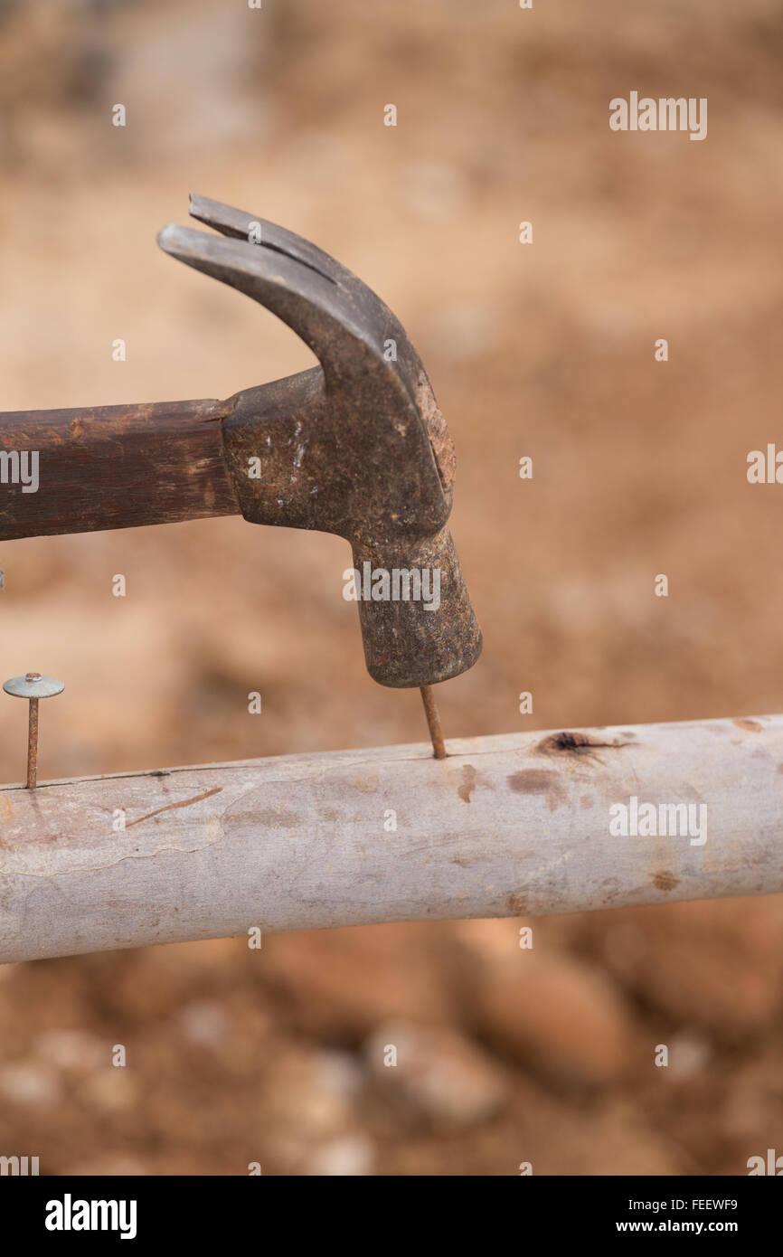 Worker hammering nail into wood at construction site Stock Photo - Alamy