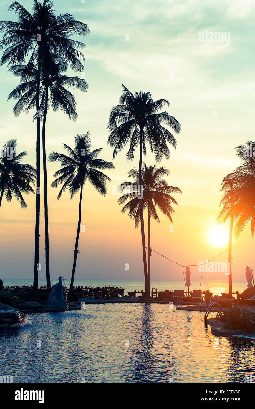 Tropical beach at amazing sunset, exotic paradise landscape with ...