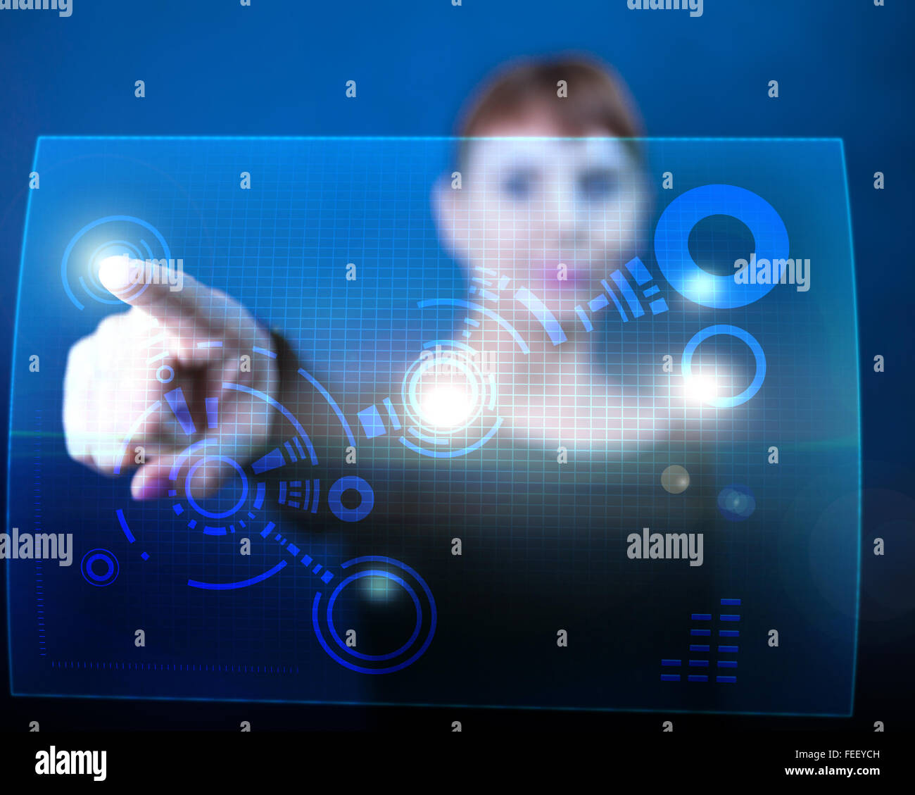 Woman scientist touching virtual futuristic virtual screen with ...