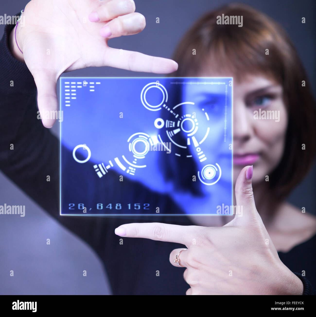 businesswoman touching virtual screen Stock Photo - Alamy