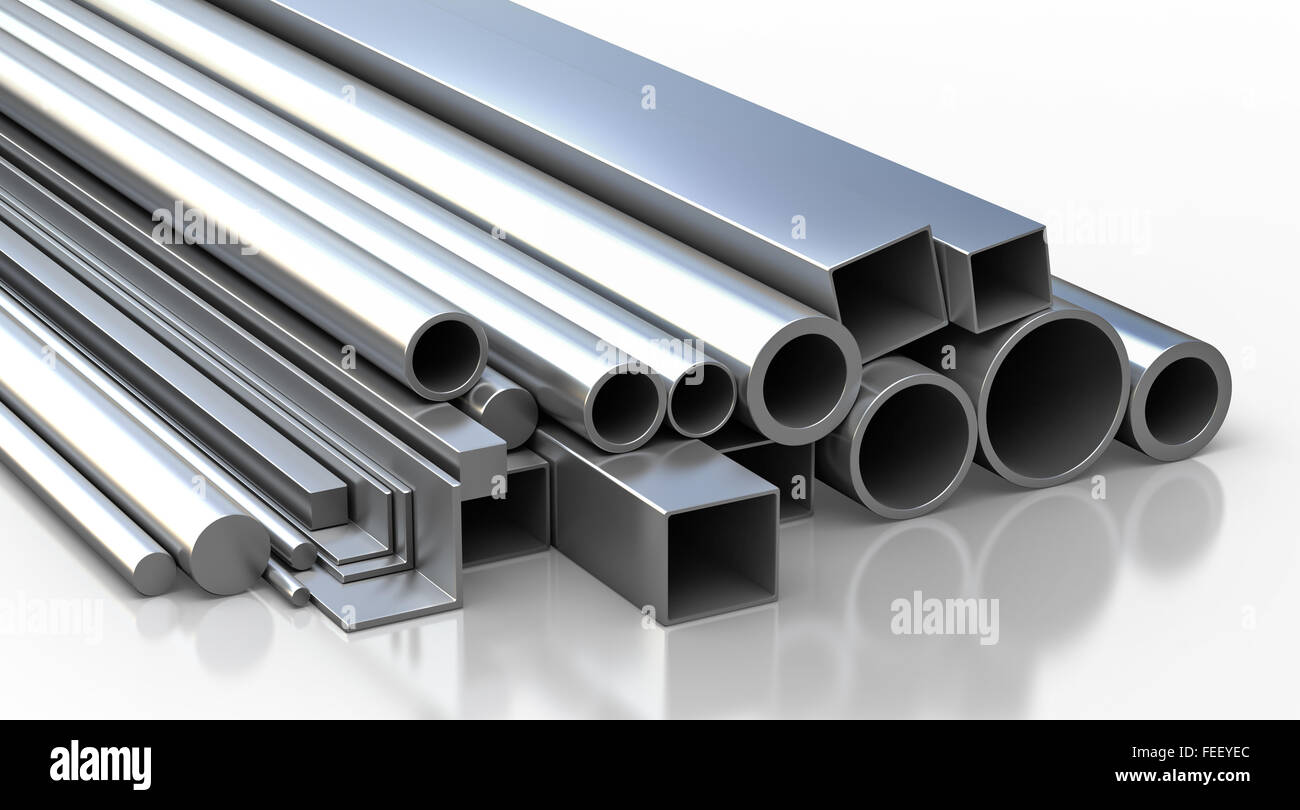 Set of metallic construction materials. Round pipes, square tubes ...