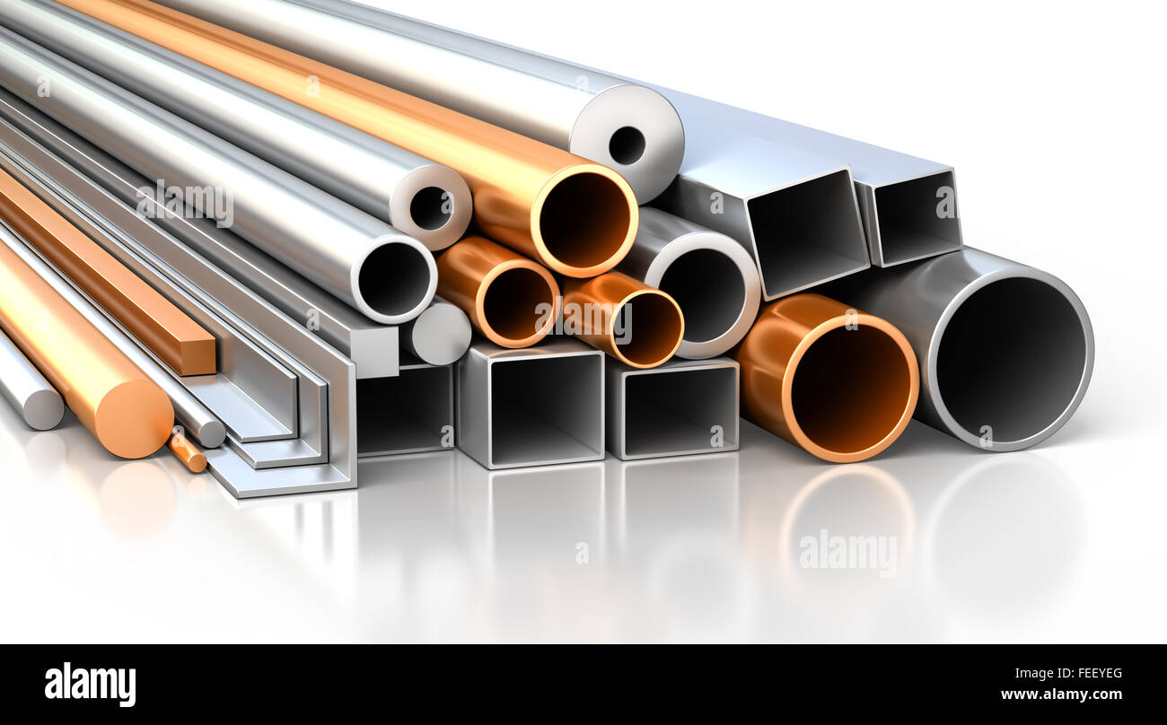 Set of steel and copper construction materials. Round pipes, square ...