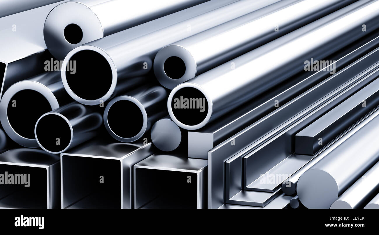 Set of metallic construction materials. Round pipes, square tubes ...