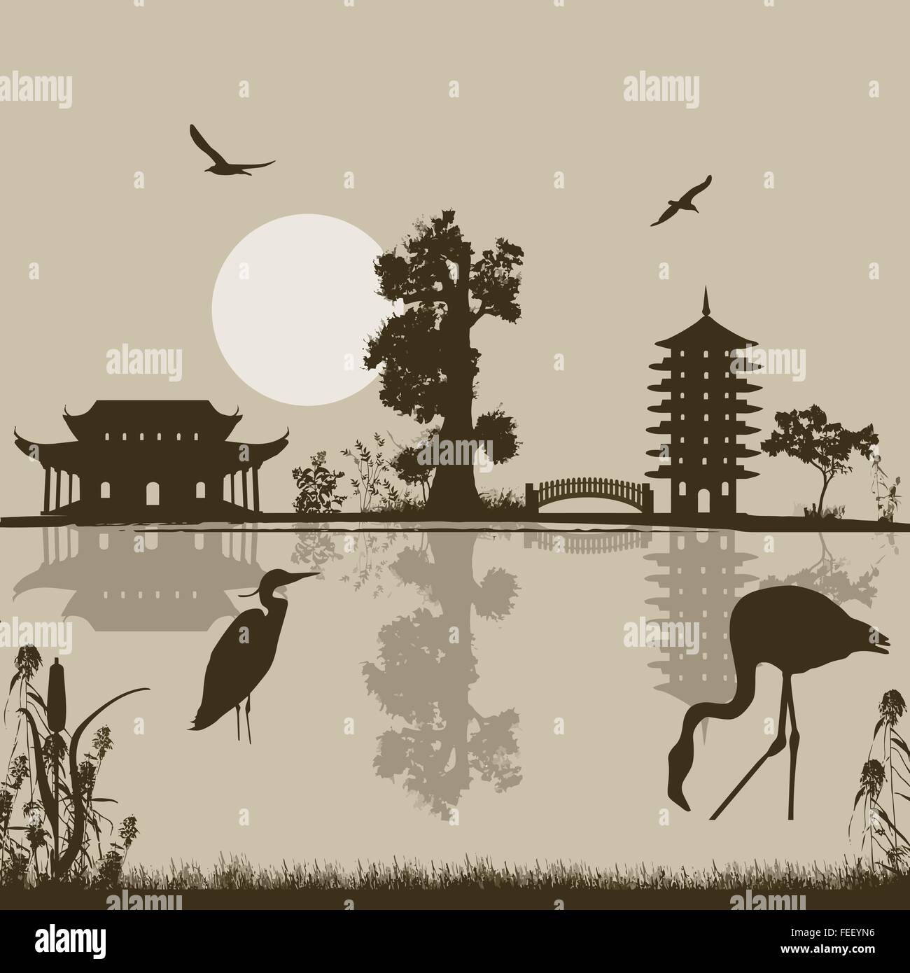 Beautiful asian landscape near water on retro style background, vector ...