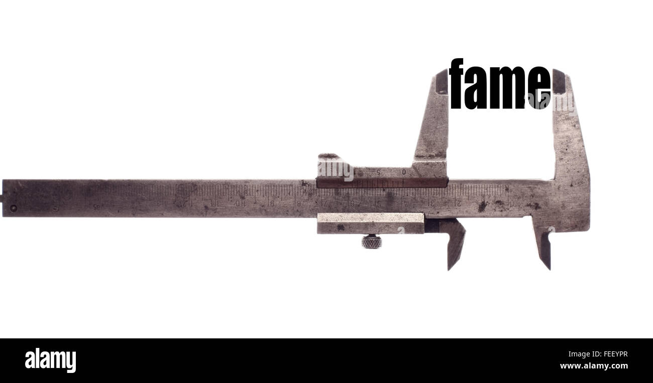 Color horizontal shot of a caliper measuring the word "fame Stock Photo ...