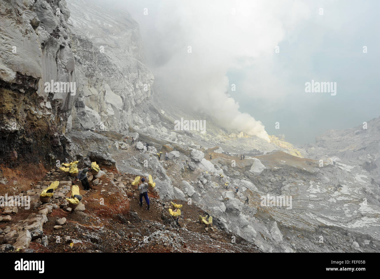 People carrying sulfur from the crater of the volcano Ijen on the ...
