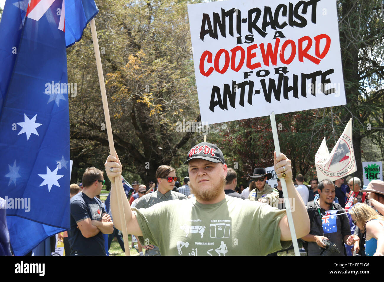 Canberra, Australia. 6 February 2016. Pictured: A protester holds a ...