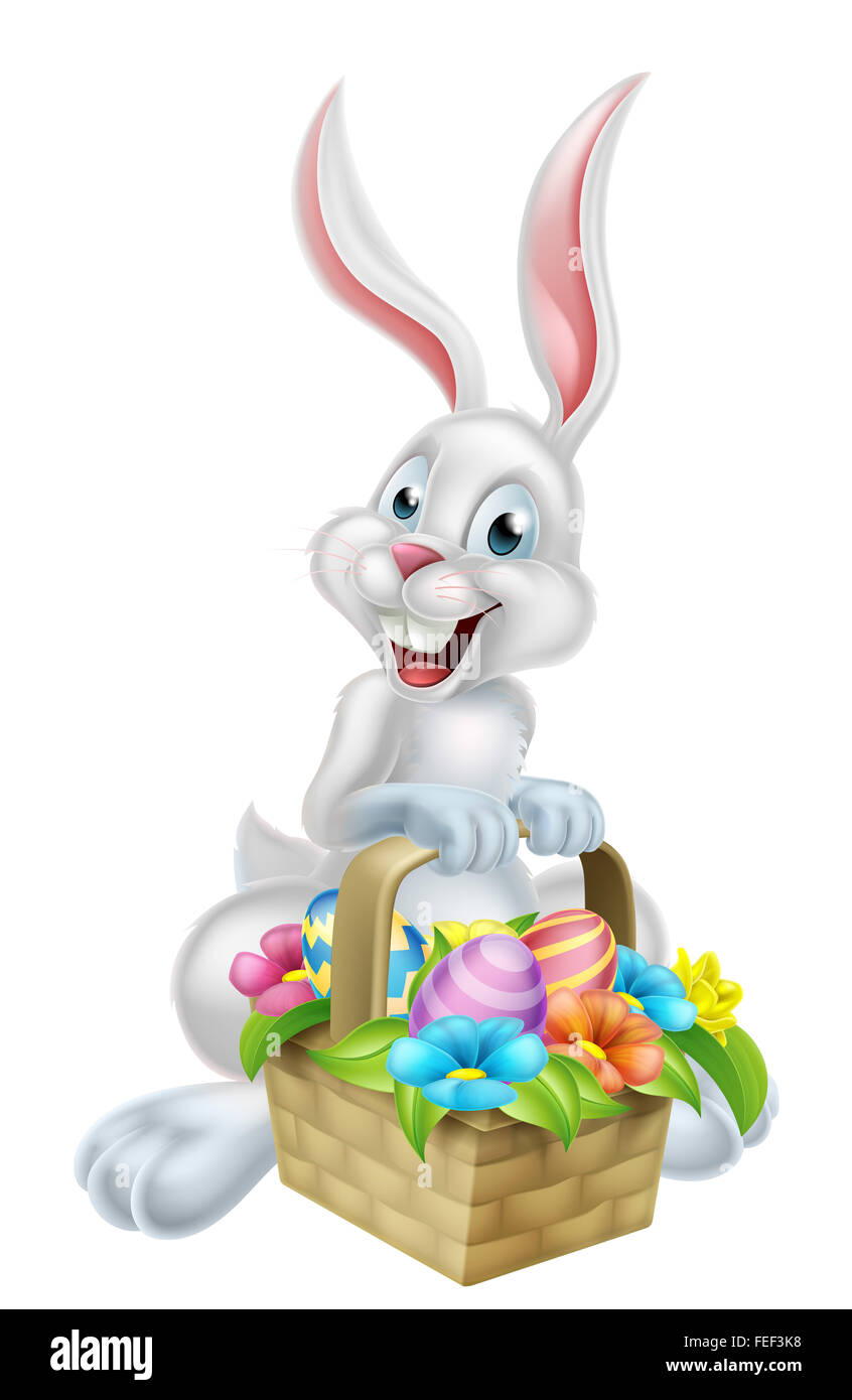 A white cartoon Easter bunny rabbit mascot character holding an Easter ...