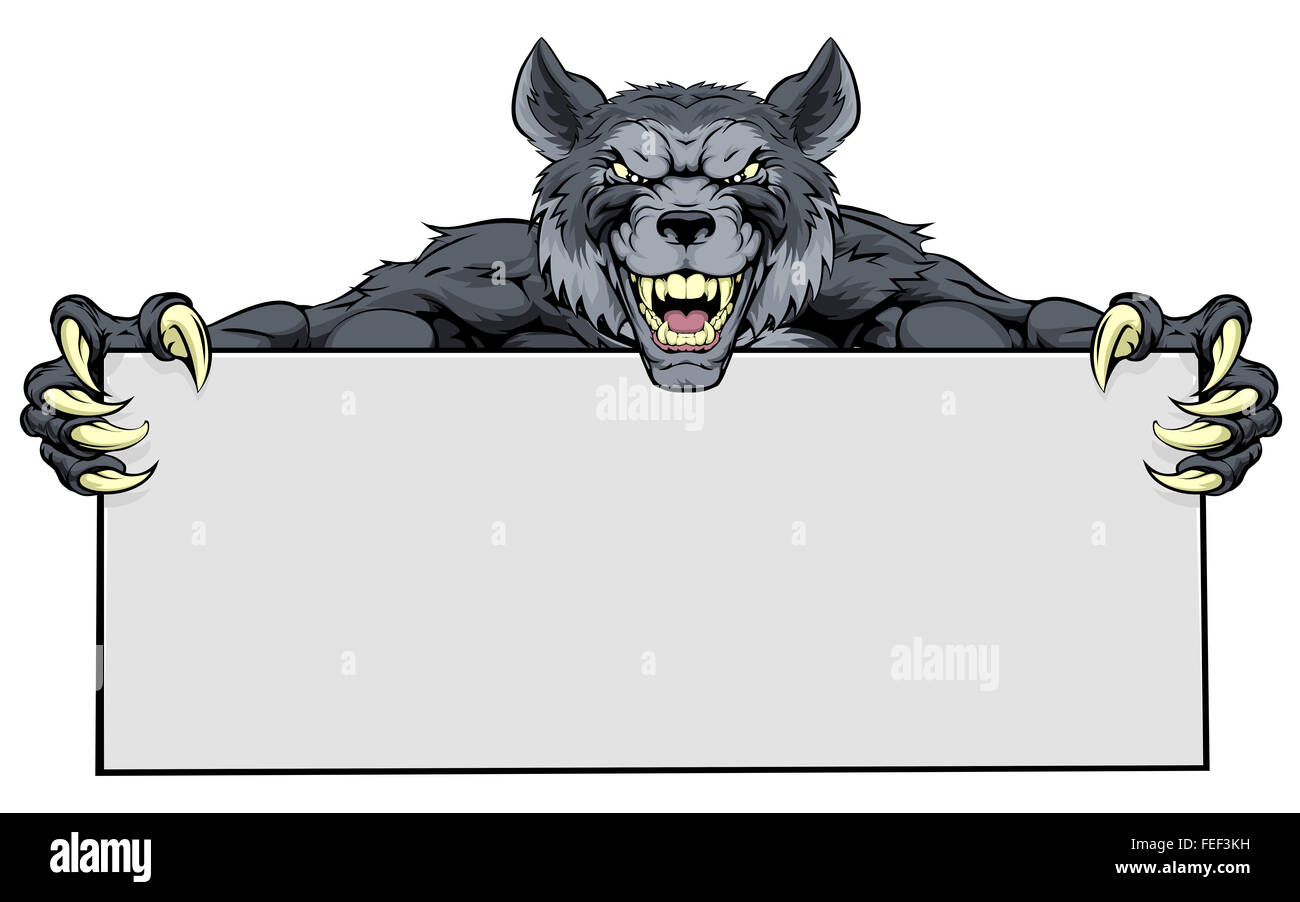 Wolf werewolf mascot holding a sign Stock Photo - Alamy