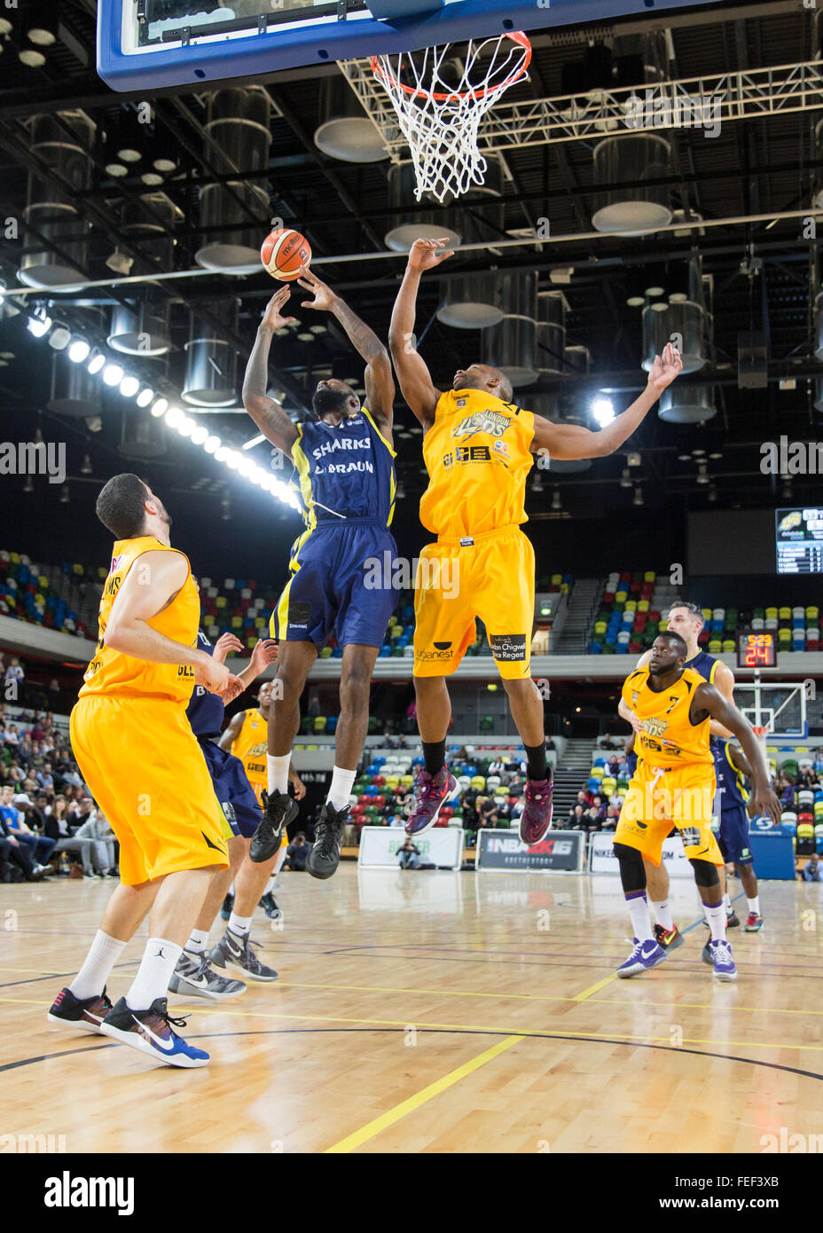 London, UK. 5th February, 2016. Sharks' Antone Robinson and Lions' no ...