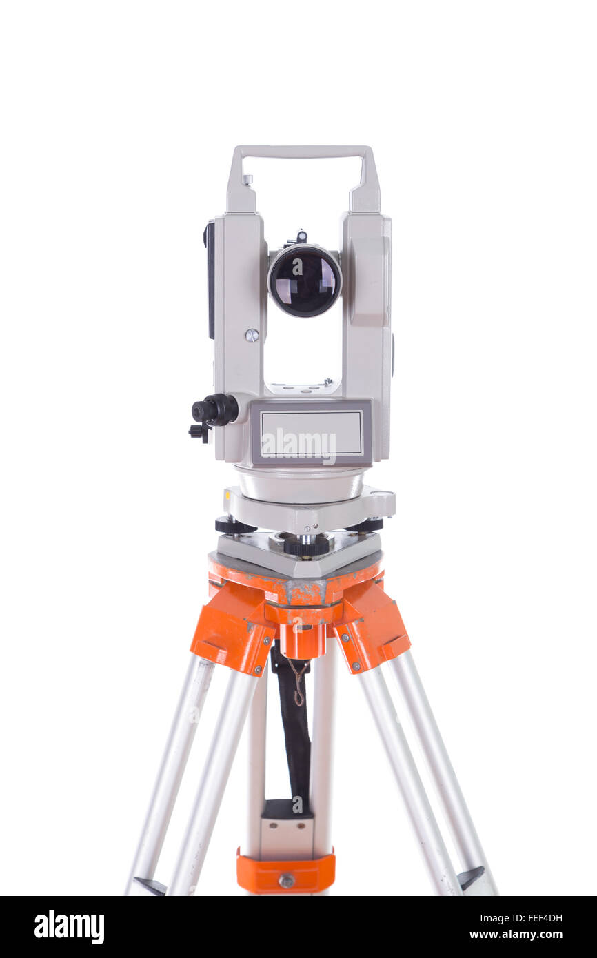 Survey equipment theodolite on a tripod. Isolated on white background ...