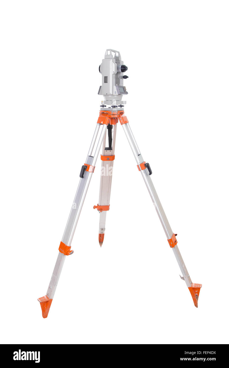 Survey equipment theodolite on a tripod. Isolated on white background ...