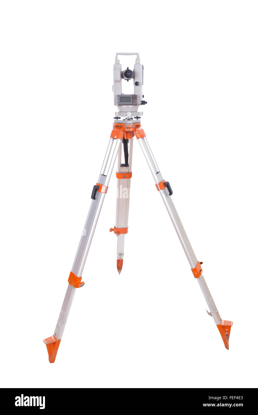 Survey equipment theodolite on a tripod. Isolated on white background ...