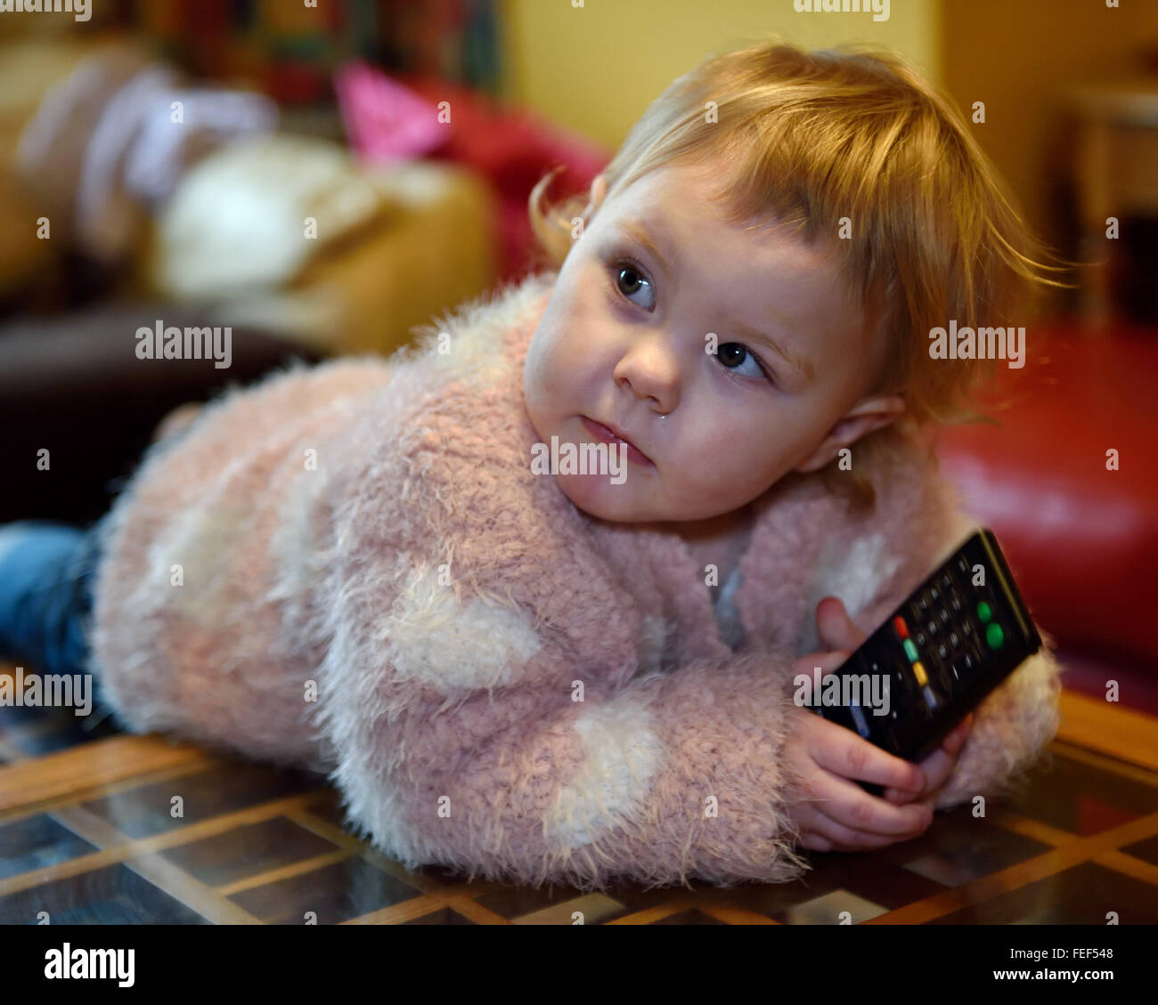 A sixteen month old toddler holding a television control while watching ...