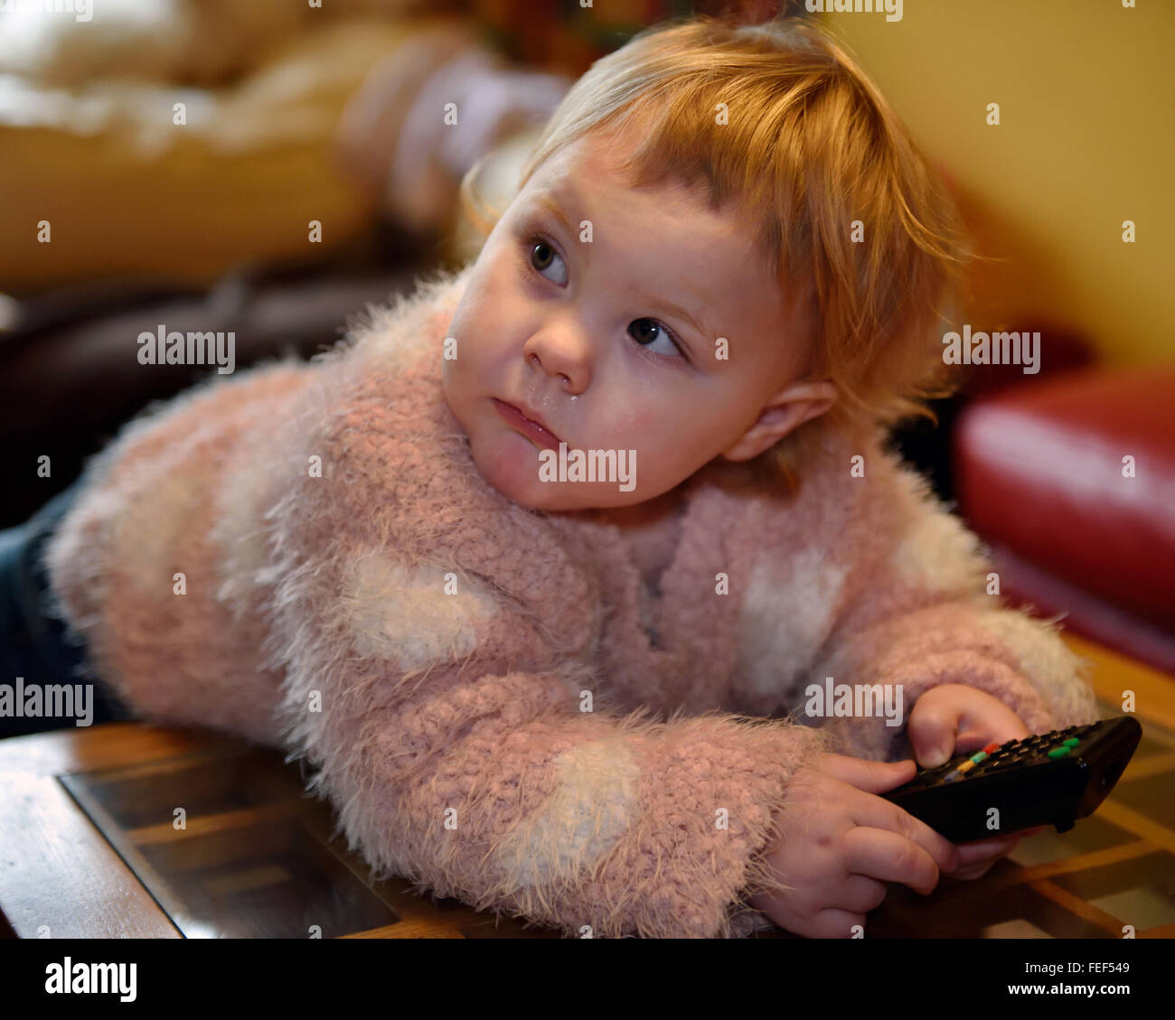 A sixteen month old toddler playing with a television control in her ...