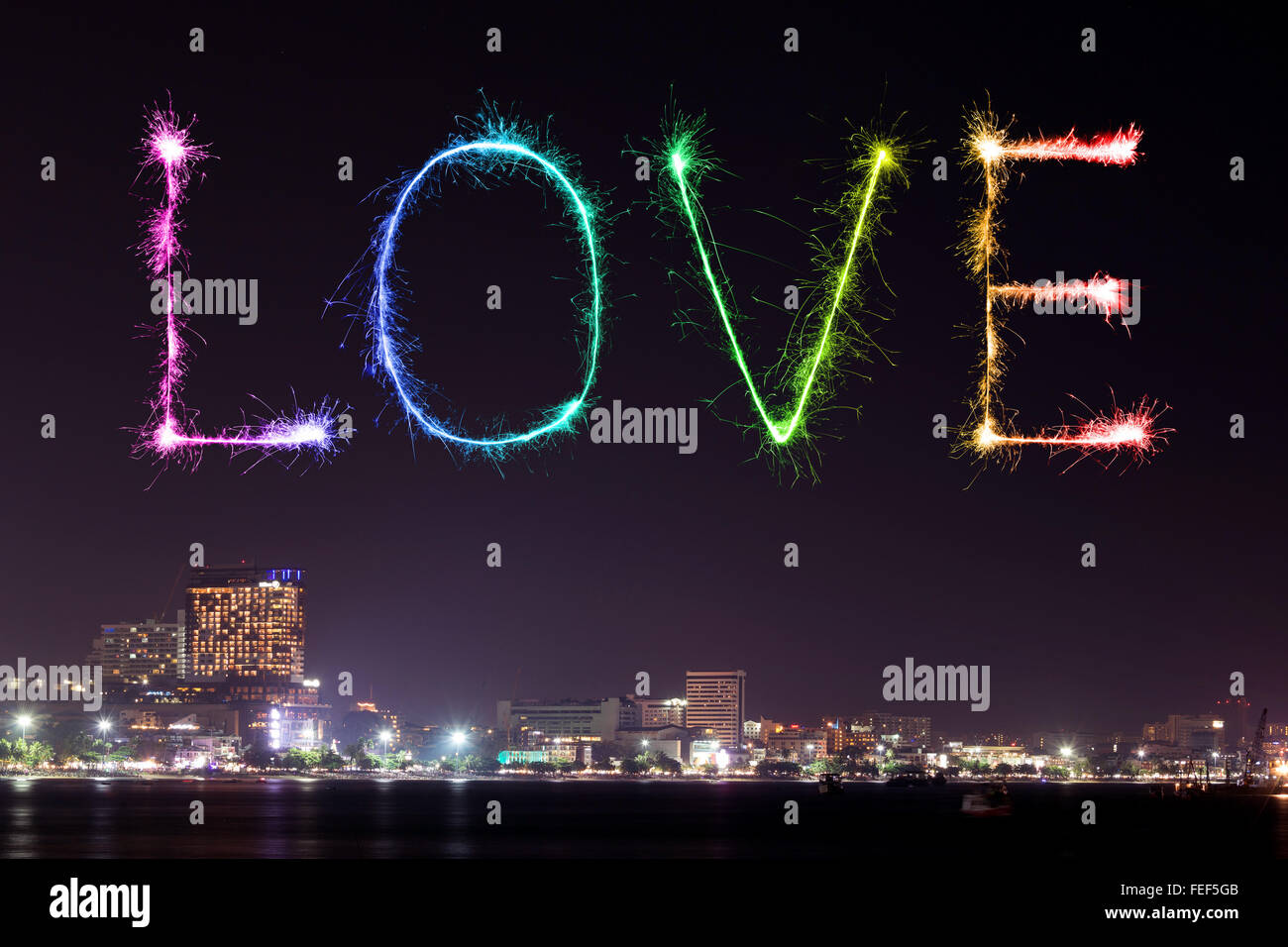 Love sparkle Fireworks celebrating Pattaya beach at night, Thailand ...