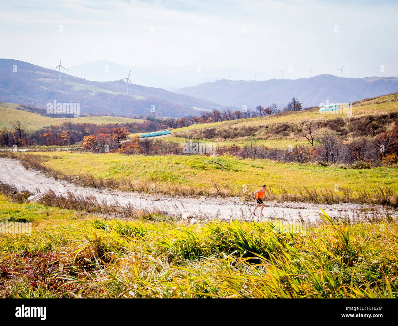 A trail runner runs along a mountain ridge path, with wind turbines in ...