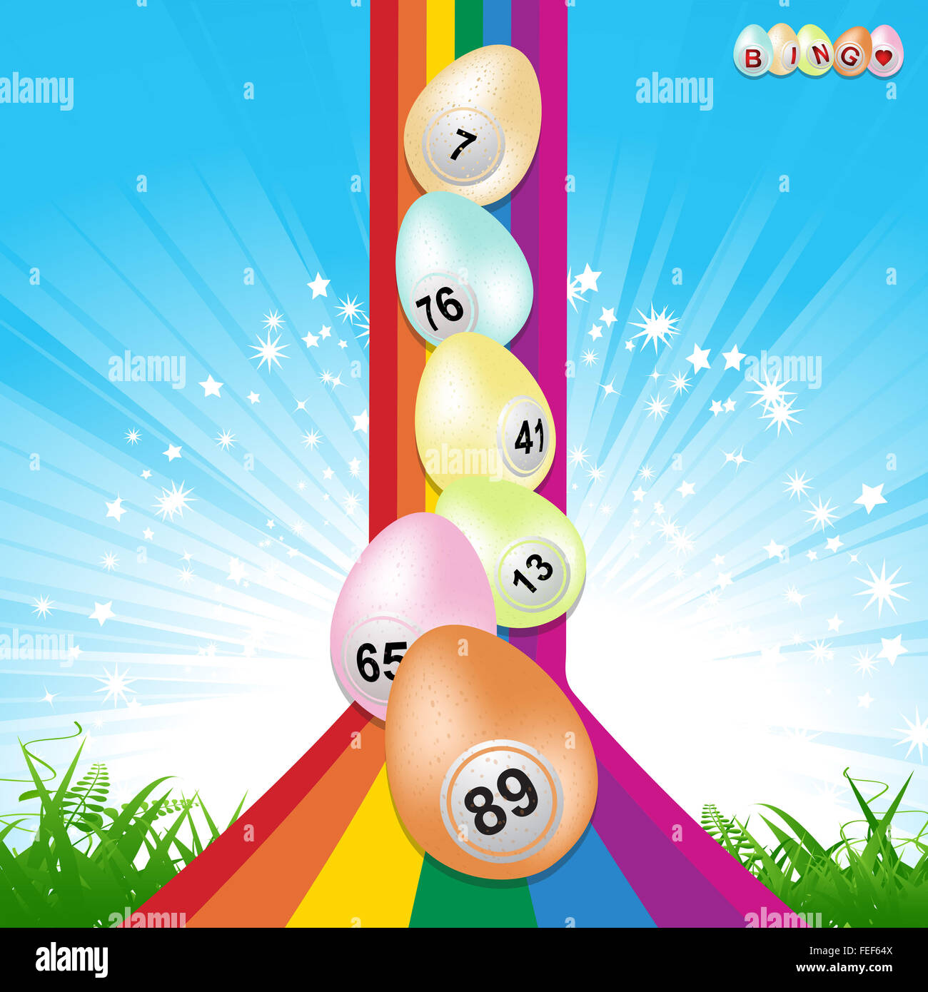 Easter Bingo Eggs Over Rainbow with Star Burst Sky and Grass Background ...