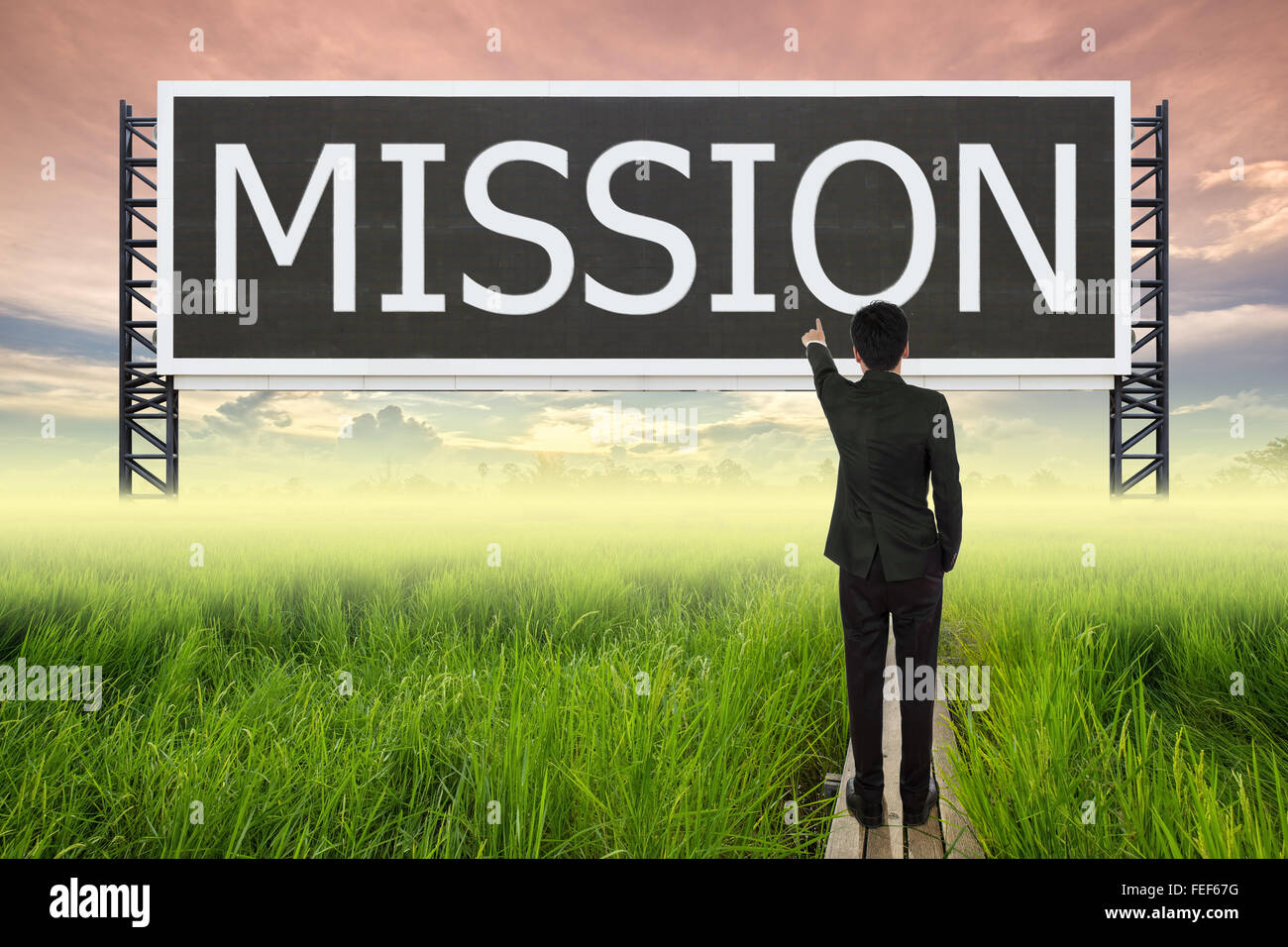 business man standing on wood bridge between rice field and pointing ...