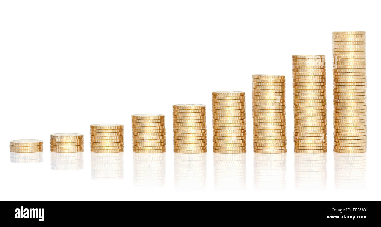 Stacks of golden coins in growing chart, isolated on the white ...